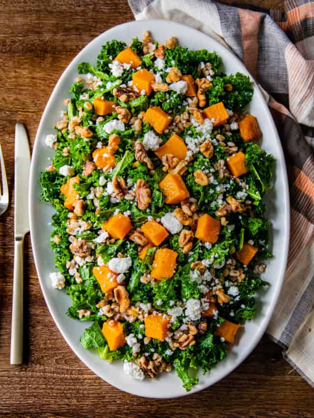 Kale and Farro Salad with Roasted Butternut Squash - Dishes With Dad